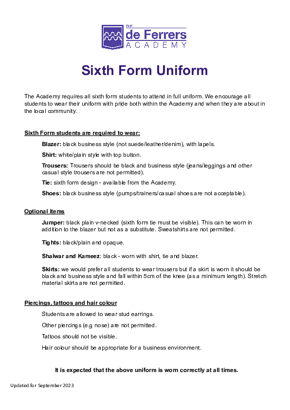 Sixth Form Uniform - The de Ferrers Academy